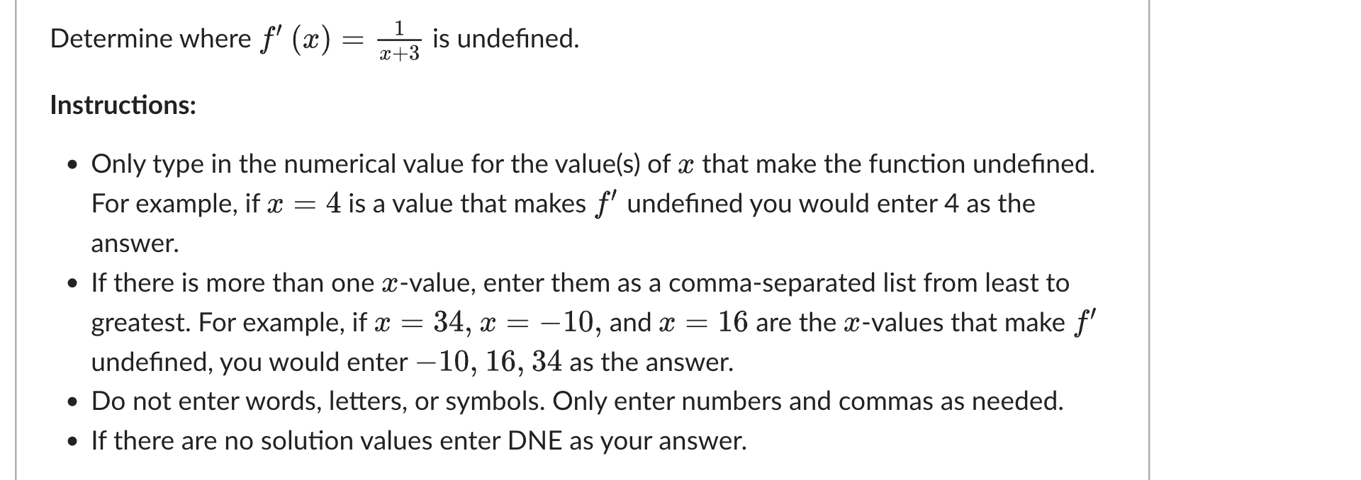 Solved Determine where f'(x)=1x+3 ﻿is | Chegg.com
