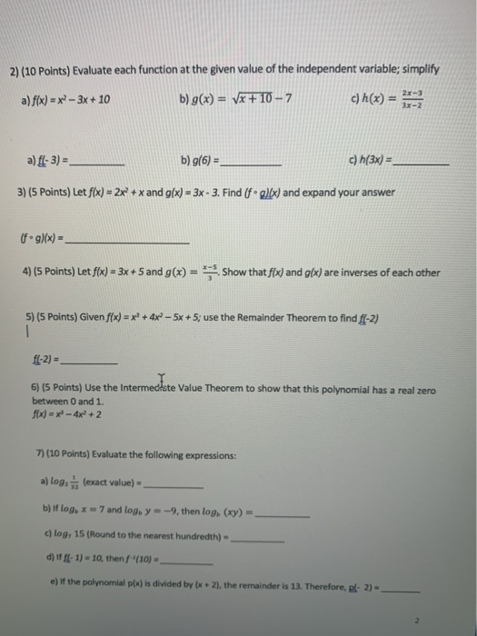 Solved 2) (10 Points) Evaluate each function at the given | Chegg.com