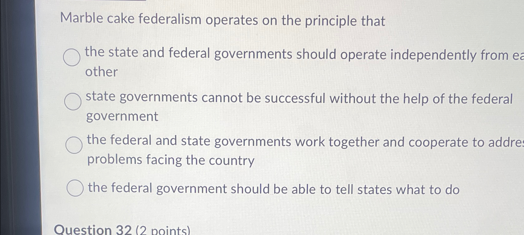 Solved Marble cake federalism operates on the principle | Chegg.com