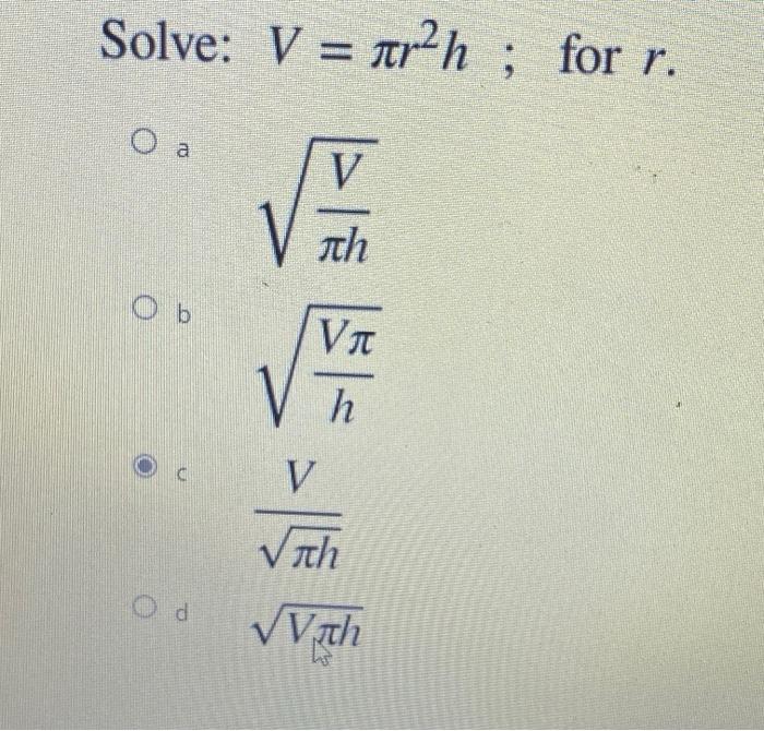 Solved Solve: V = tph ; for r. O a V V th MDb) Va V h V VTh | Chegg.com
