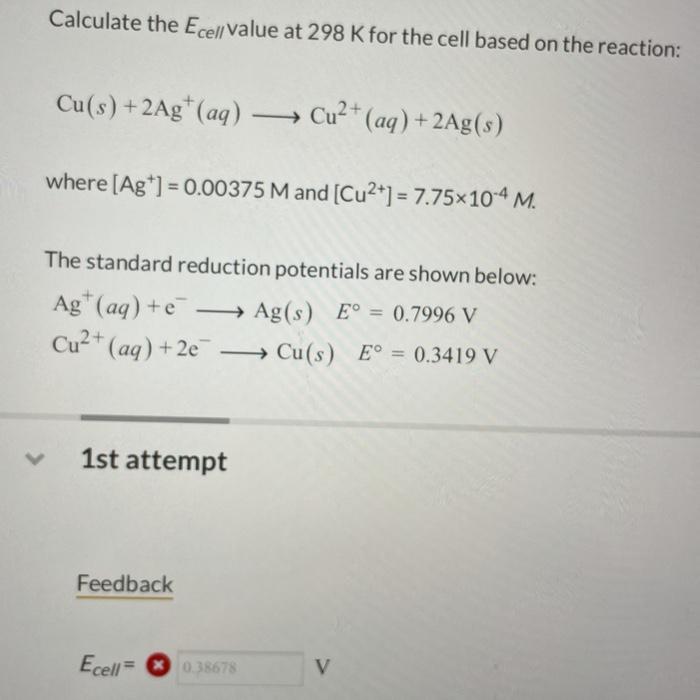 Solved Calculate The Ecell Value At 298 K For The Cell Based