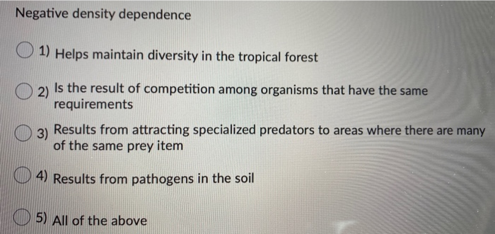 Solved Negative density dependence 1) Helps maintain | Chegg.com