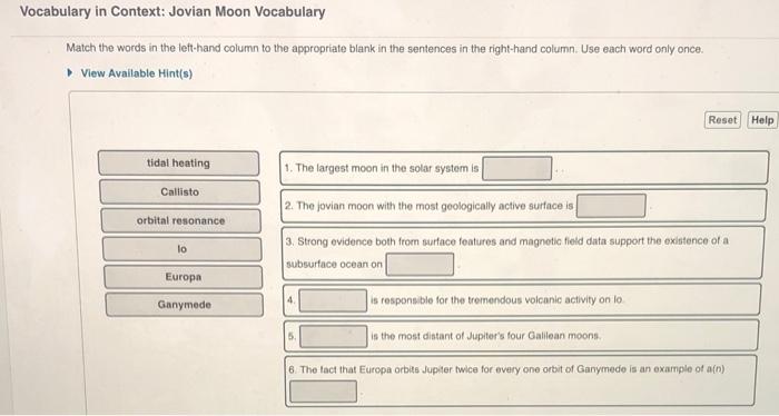 Solved Vocabulary in Context: Jovian Moon Vocabulary Match | Chegg.com