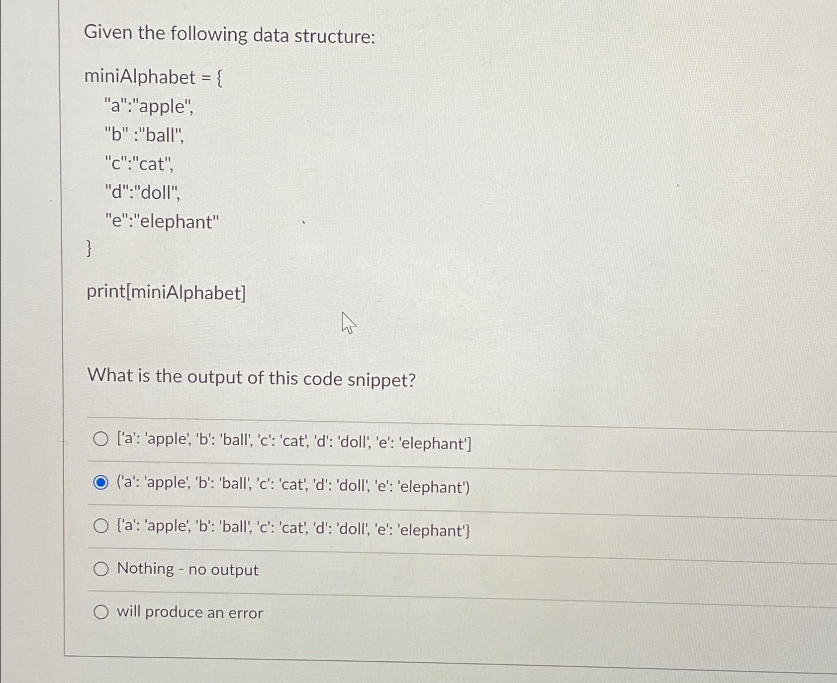 Solved Given the following data structure:miniAlphabet | Chegg.com