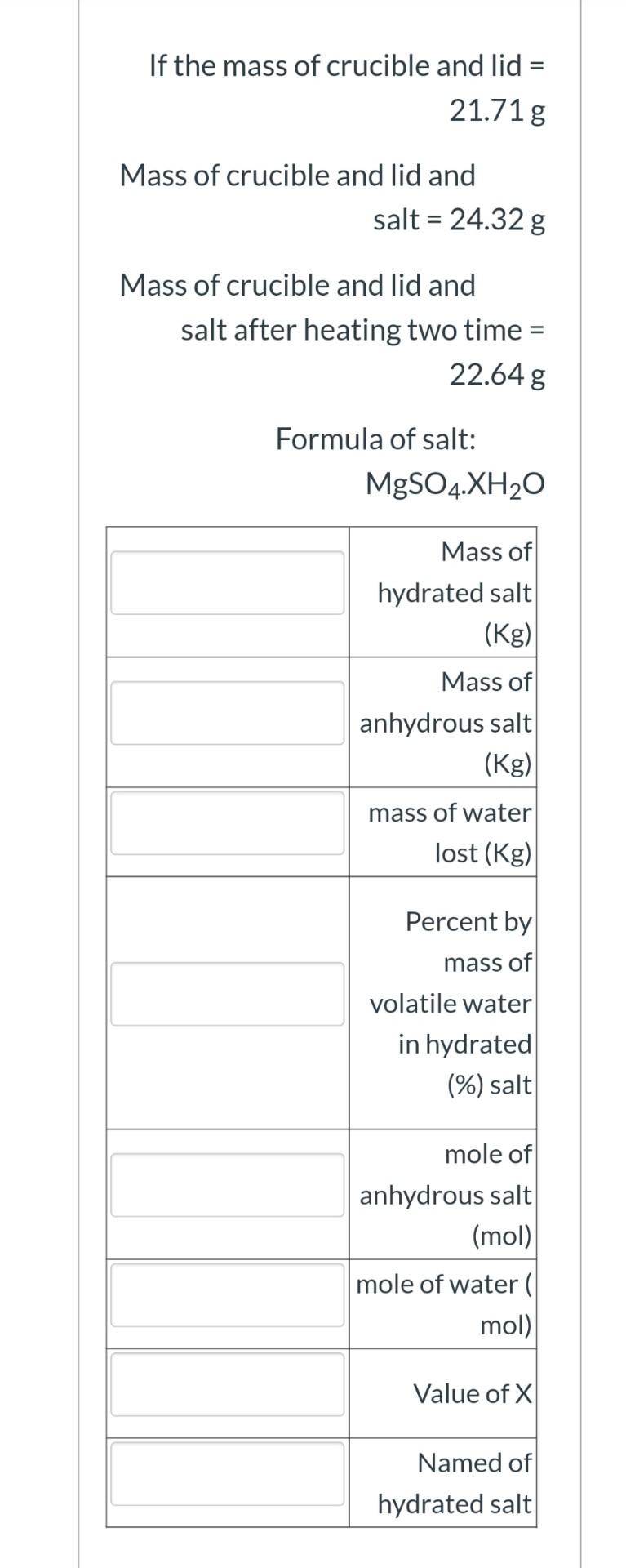 Solved If the mass of crucible and lid = 21.71g Mass of | Chegg.com