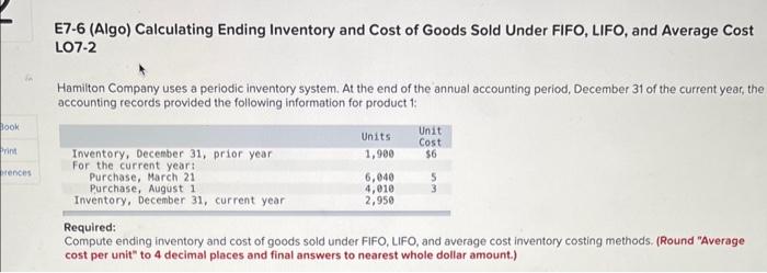 Solved E7-6 (Algo) Calculating Ending Inventory and Cost of | Chegg.com