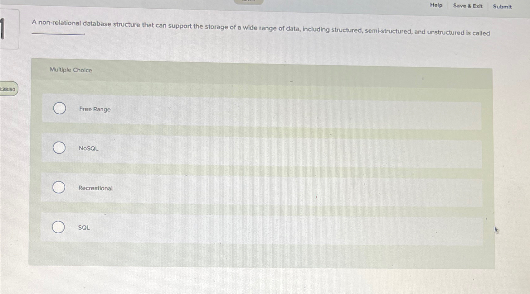 Solved HelpSave & ExitSubmitA non-relational database | Chegg.com