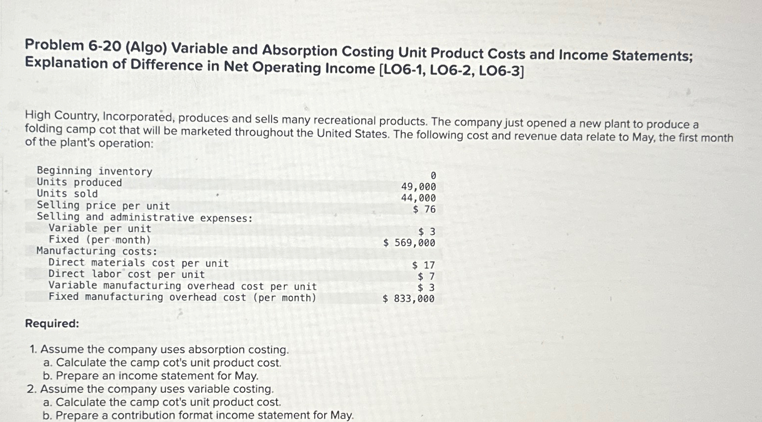 Solved Problem 6-20 (Algo) ﻿Variable and Absorption Costing | Chegg.com