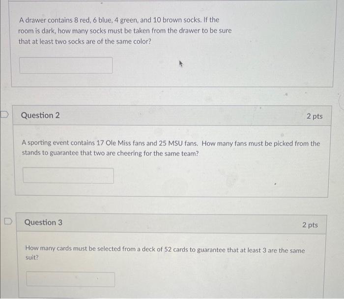 Solved A drawer contains 8 red, 6 blue, 4 green, and 10 | Chegg.com