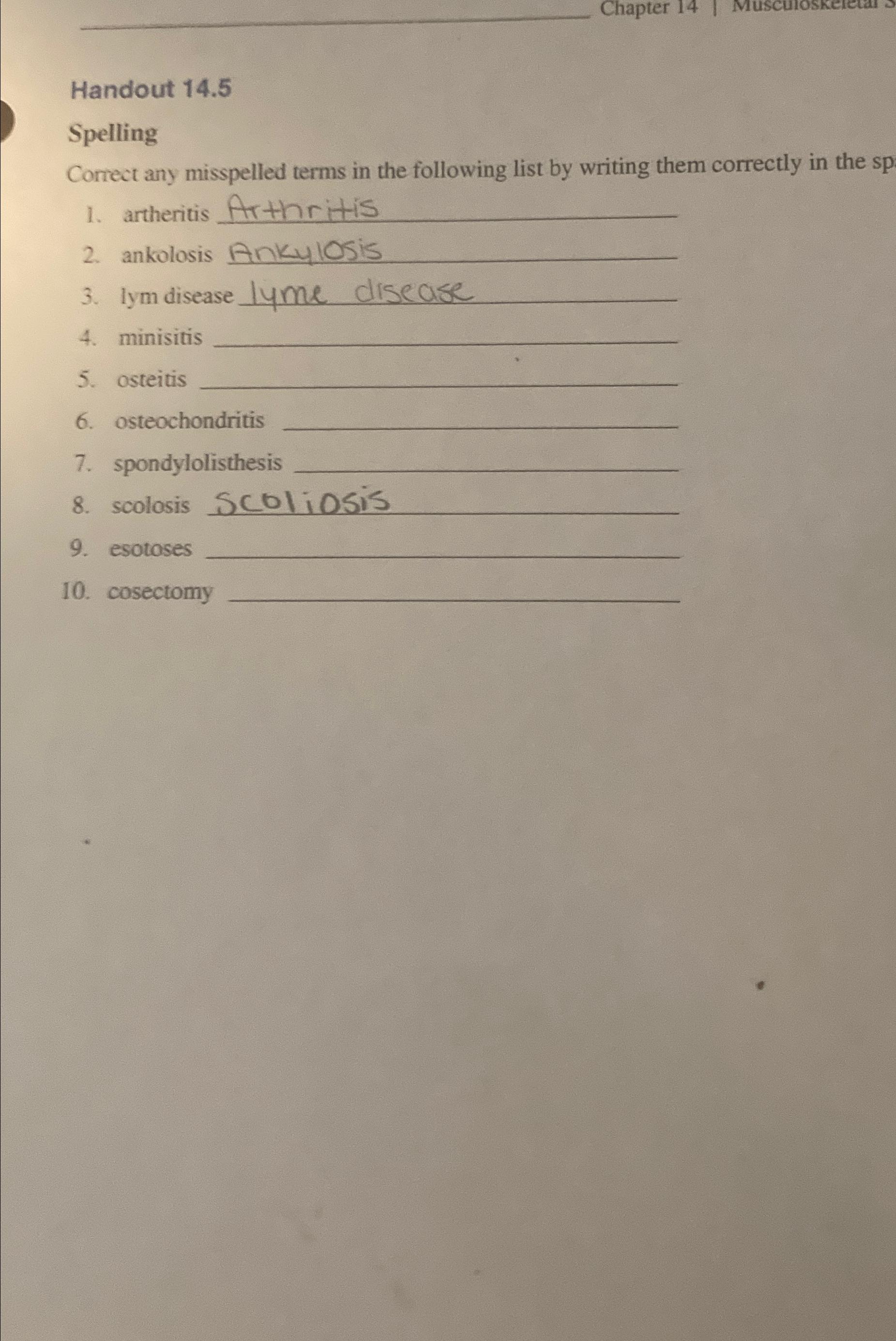 Solved Handout 14.5SpellingCorrect any misspelled terms in | Chegg.com