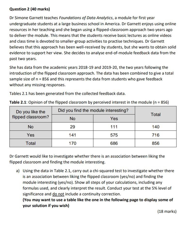 Solved Question 2 (40 marks) Dr Simone Garnett teaches | Chegg.com