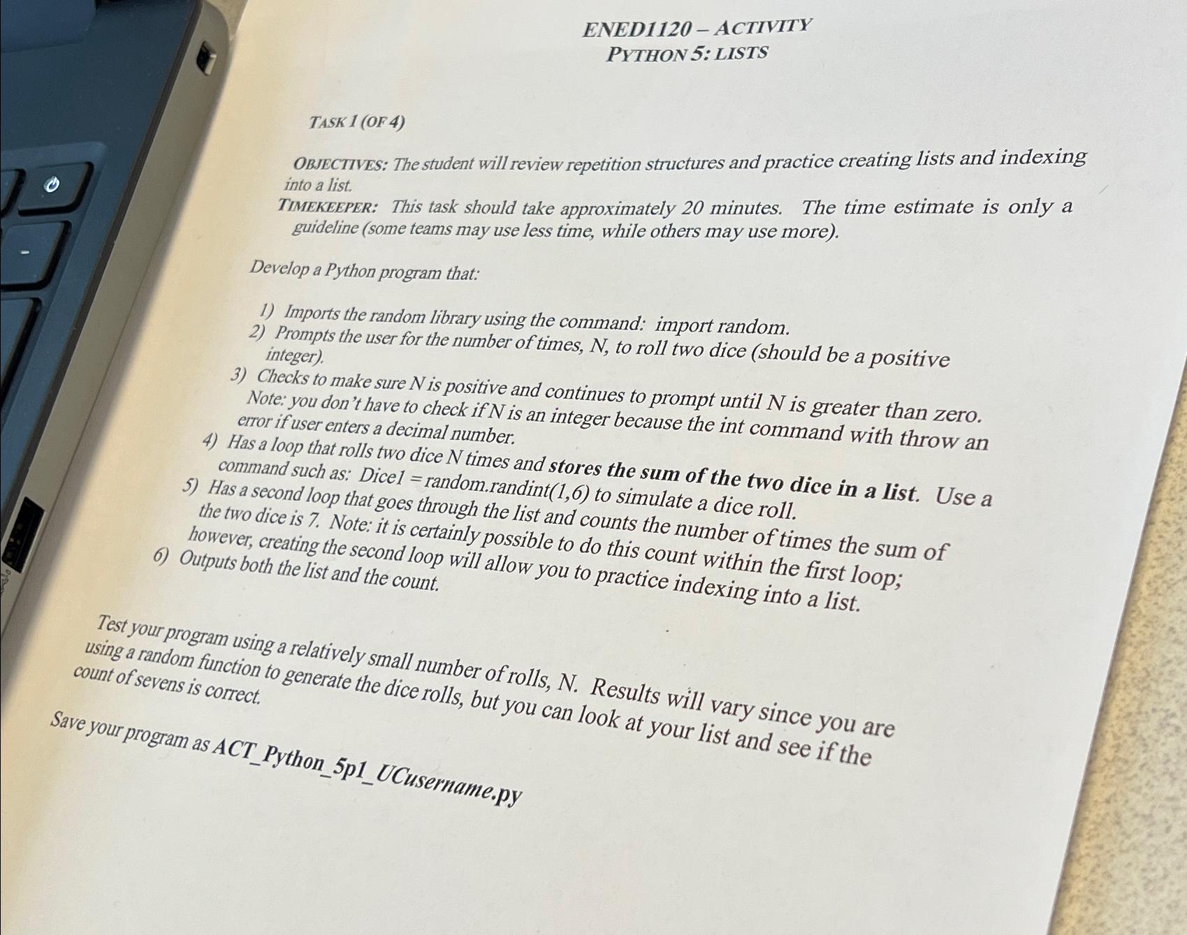 Solved ENED1120 - ﻿ACTIVITYPYTHON 5: LISTSTASK 1 (OF | Chegg.com