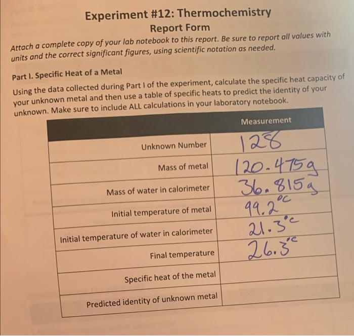 Solved Experiment #12: Thermochemistry Report Form Attach a | Chegg.com