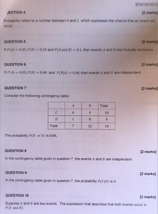 Solved JESTION 4 [2 marks] Probability refers to a number | Chegg.com