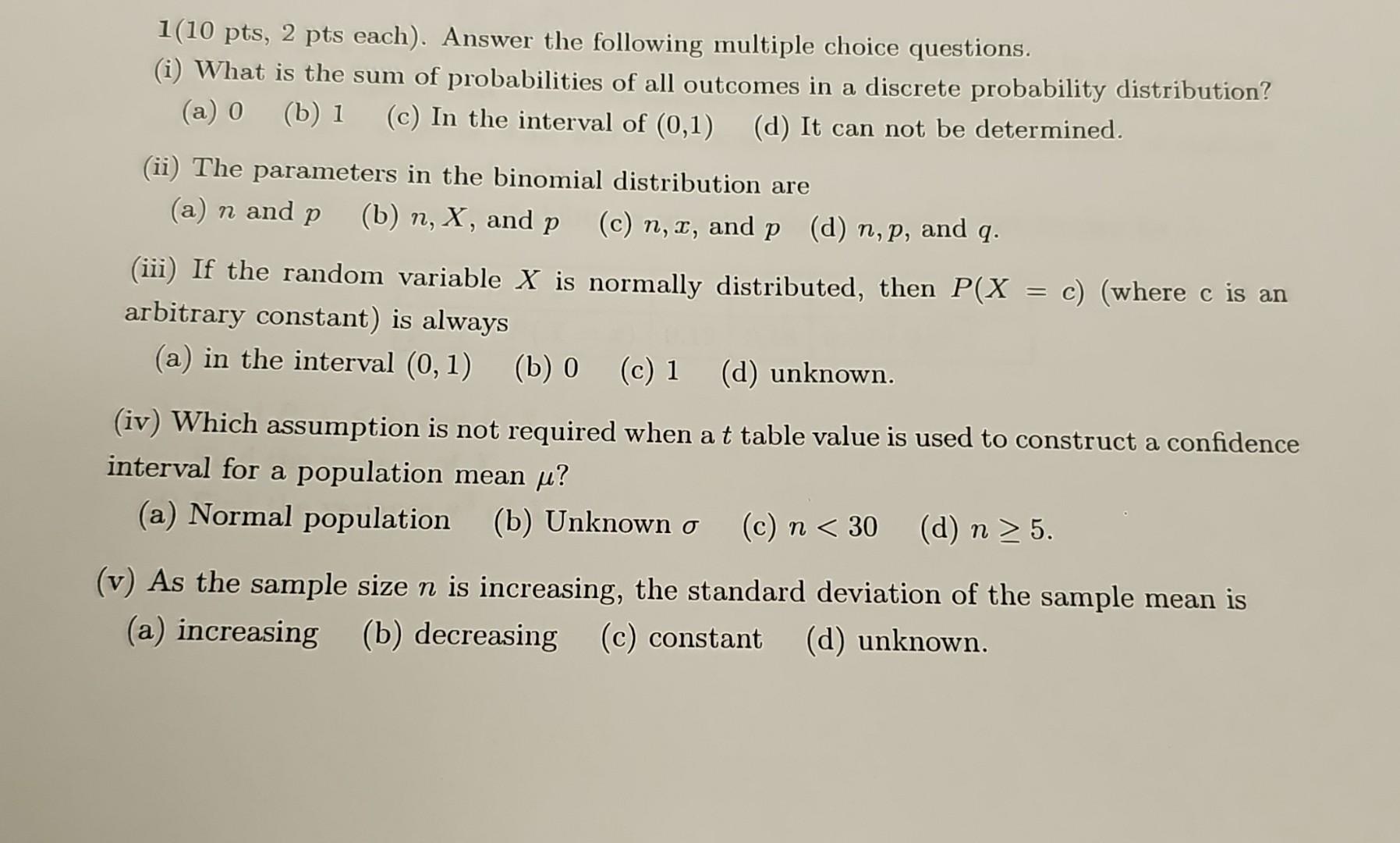 Solved 1 (10 pts, 2 pts each). Answer the following multiple | Chegg.com