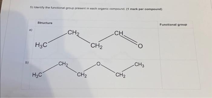 Solved b) 5) Identify the functional group present in each | Chegg.com