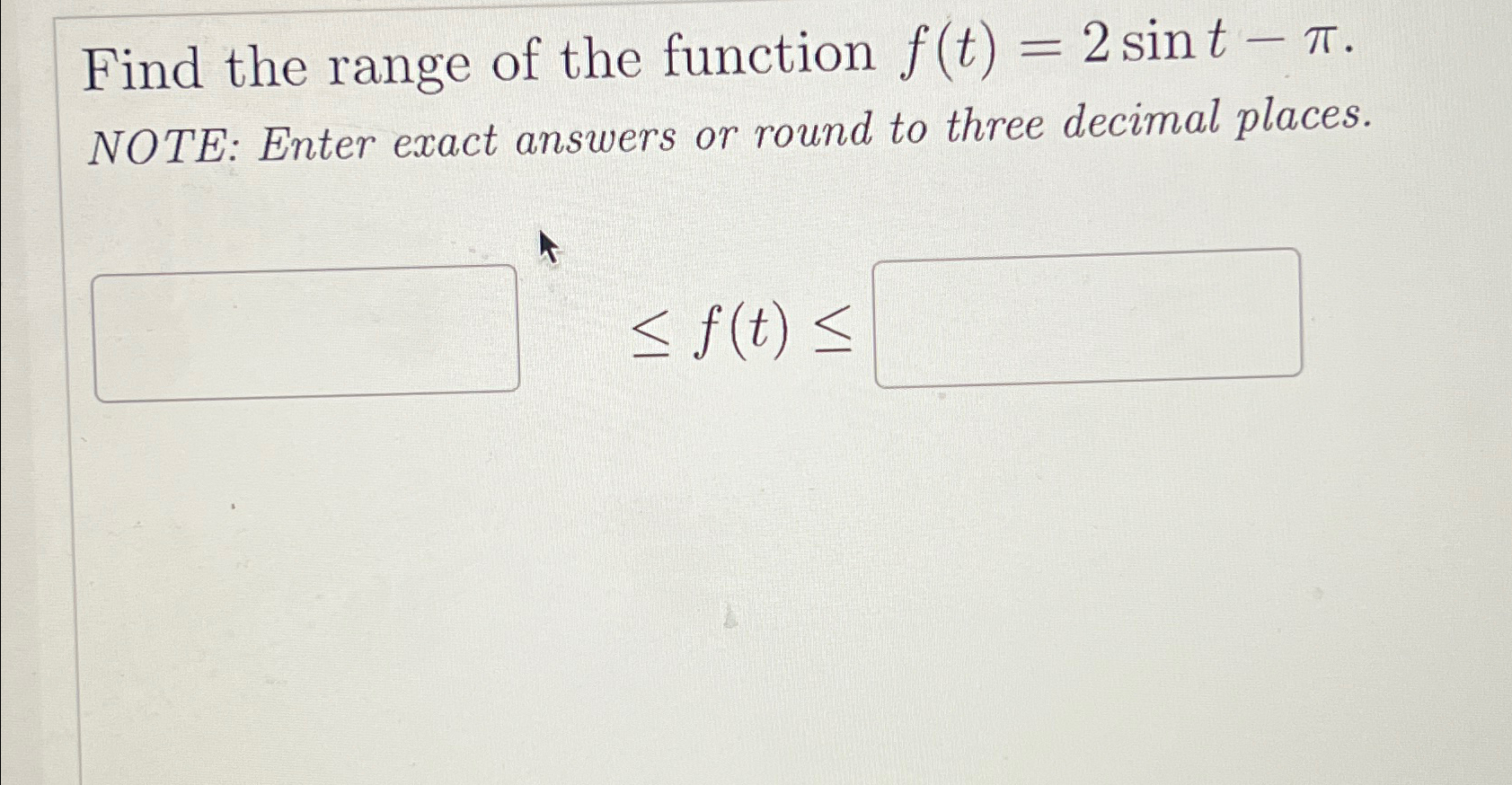 Solved Find the range of the function f(t)=2sint-π. ﻿NOTE: | Chegg.com