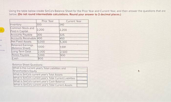 Solved Using the table below create SinCo's Balance Sheet | Chegg.com