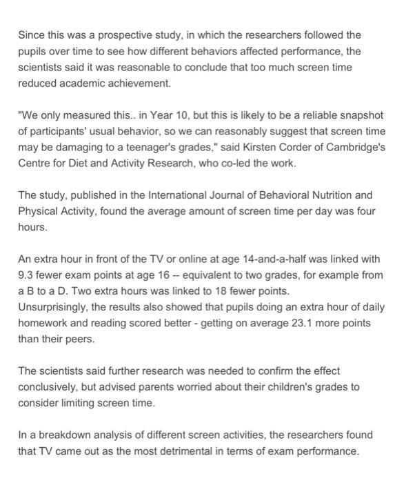 Solved One Hour of Extra Screen Time Drags Down Teenagers' | Chegg.com