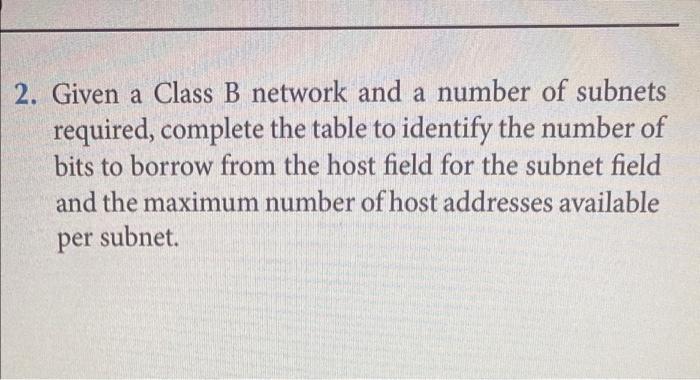Solved 2. Given a Class B network and a number of subnets | Chegg.com