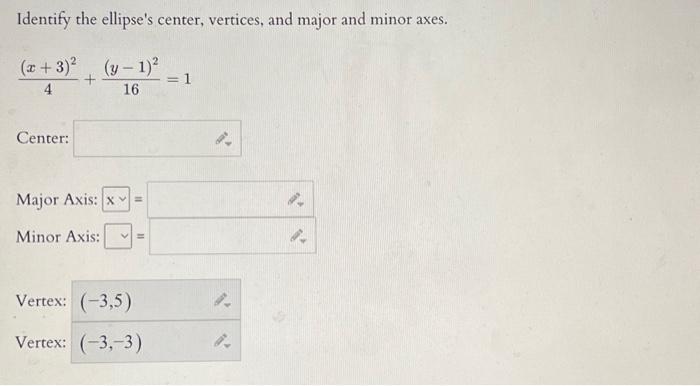 Solved Identify the ellipse's center, vertices, and major | Chegg.com