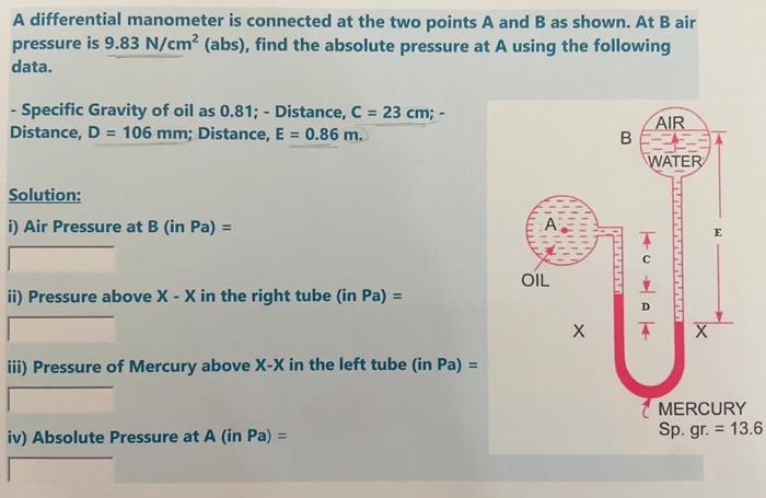 Solved A differential manometer is connected at the two | Chegg.com