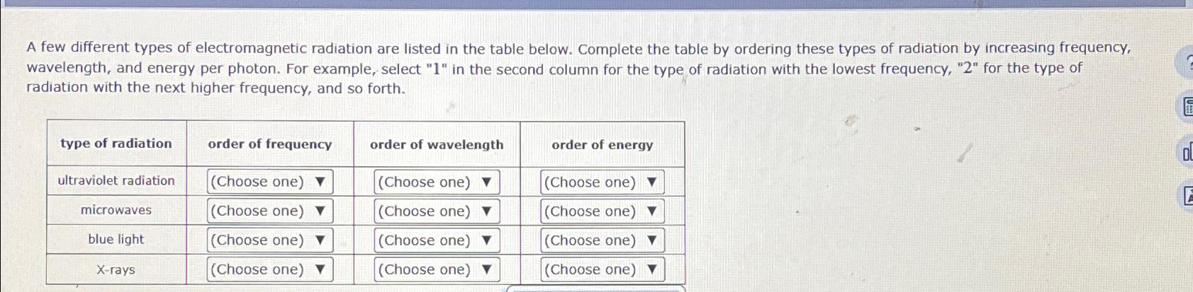 Solved A few different types of electromagnetic radiation | Chegg.com