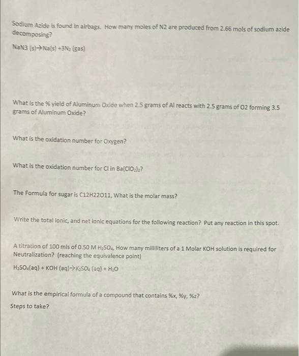 Solved Sodium Azide is found in airbags. How many moles of | Chegg.com