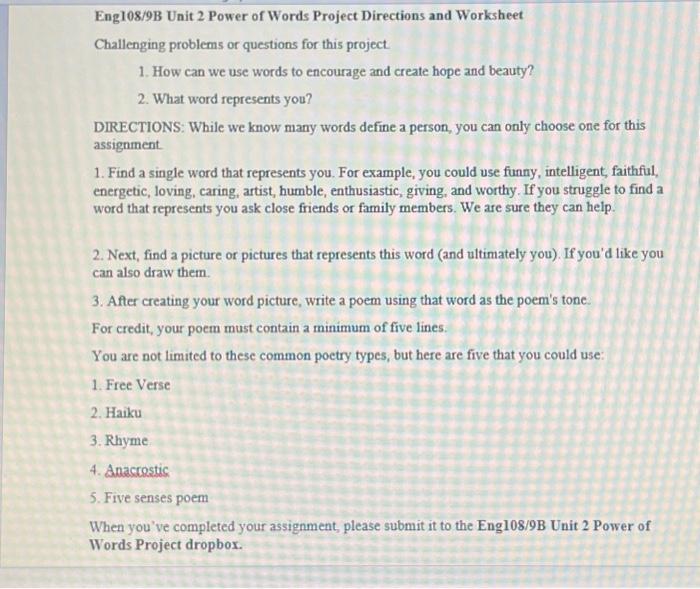Eng108/9B Unit 2 Power of Words Project Directions | Chegg.com