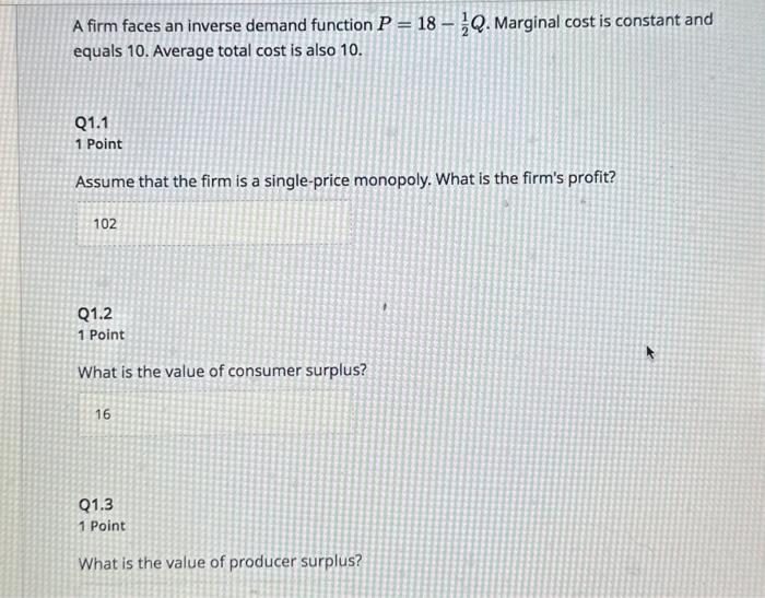 Solved A firm faces an inverse demand function P=18−21Q. | Chegg.com