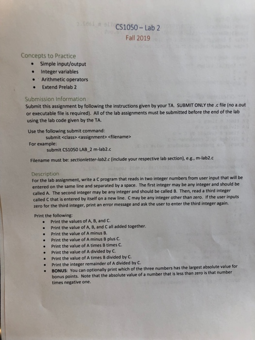 Solved CS1050 - Lab 2 Fall 2019 Concepts to Practice • | Chegg.com