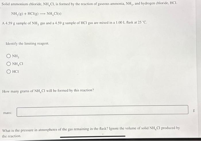 Solved NH3( g)+HCl(g) NH4Cl(s) A 4.59 g sample of NH3 gas | Chegg.com