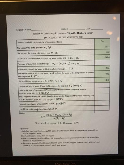 Solved Student Name Section Date Report on Laboratory | Chegg.com
