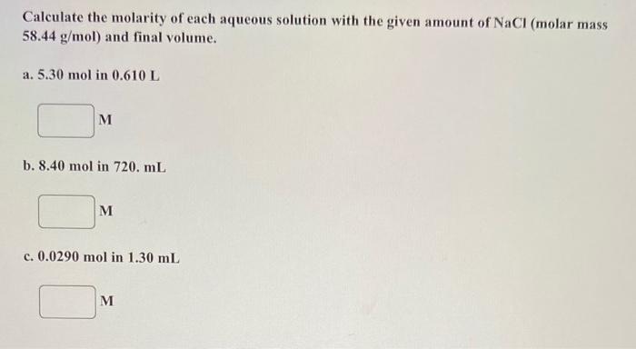 Solved Calculate the molarity of each aqueous solution with | Chegg.com