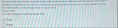 Solved The cuckoo data frame contains the length and breadth | Chegg.com