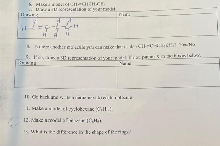 Solved 6. Make a model of CH2=CHCH2CH3. 7. Draw a 3 D | Chegg.com