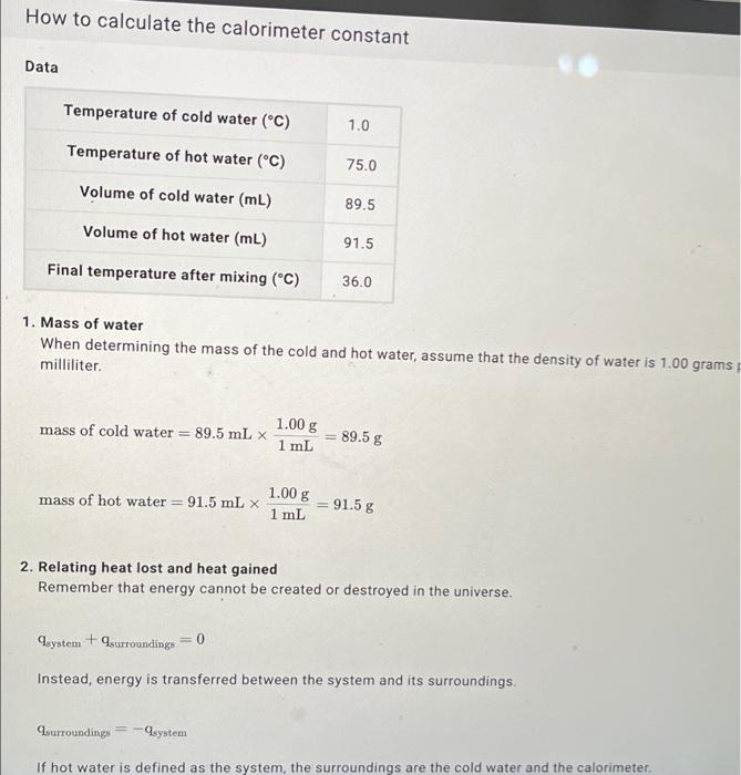 Solved Lab Data Verify your calculation. Temperature of cold | Chegg.com