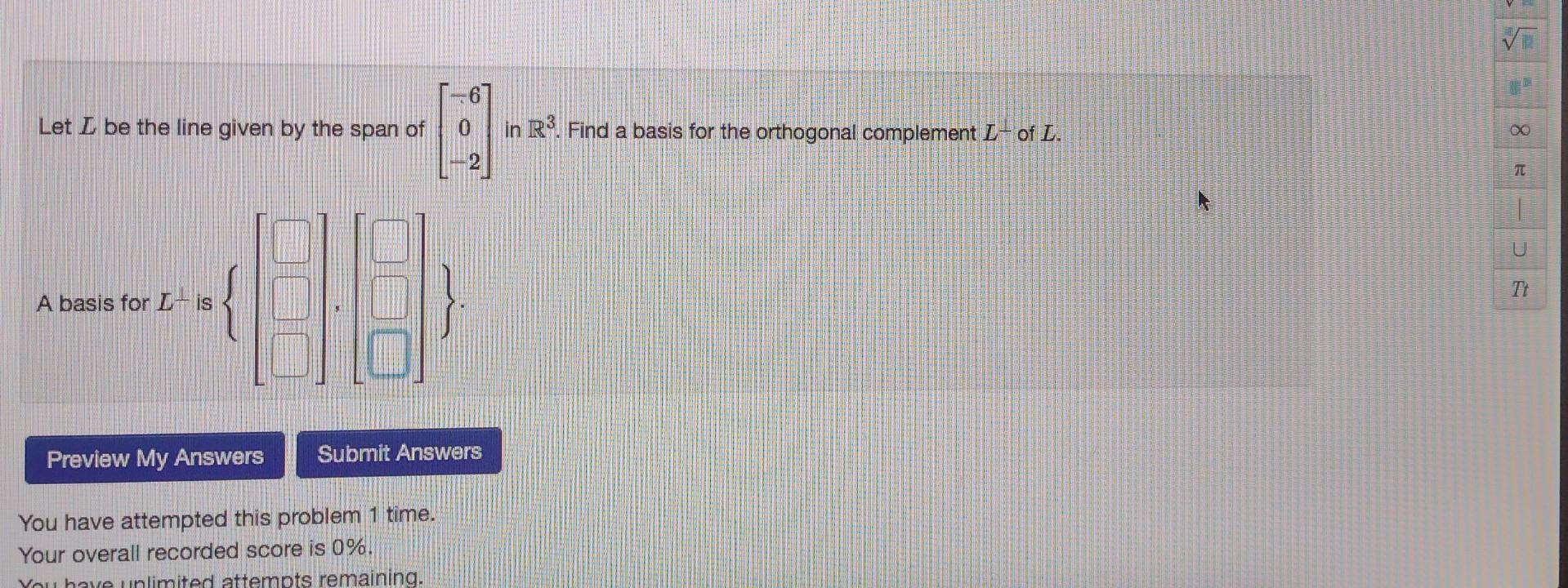 Solved Let L be the line given by the span of ⎣⎡−60−2⎦⎤ in | Chegg.com