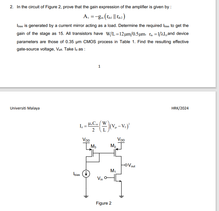 Solved 2.In the circuit of Figure 2, ﻿prove that the gain | Chegg.com