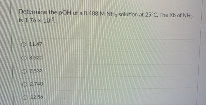 Solved Determine the pOH of a 0.488 M NH3 solution at 25°C. | Chegg.com