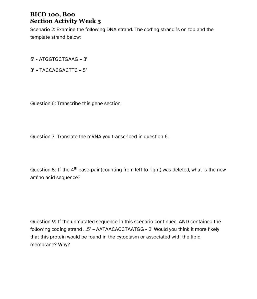 Solved BICD 10o, Boo Section Activity Week 5 Scenario 2: | Chegg.com