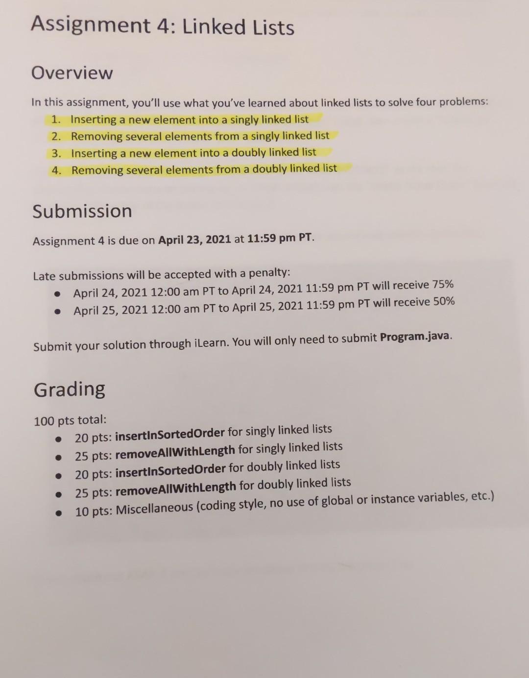 Assignment 4: Linked Lists Overview In this | Chegg.com