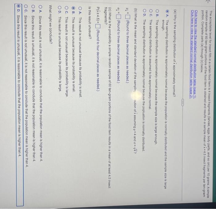 Solved The acceptable level for insect filth in a certain | Chegg.com