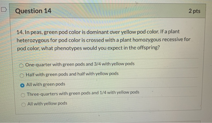 Solved Question 14 2 pts 14. In peas, green pod color is | Chegg.com