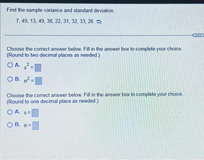 Solved Find the sample variance and standard deviation. | Chegg.com