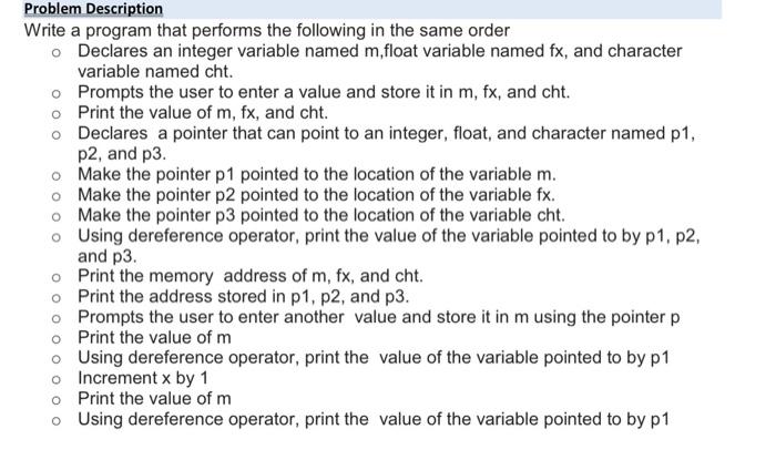 Solved Problem Description Write a program that performs the | Chegg.com