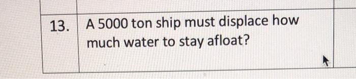 Solved 13. A 5000 ton ship must displace how much water to | Chegg.com