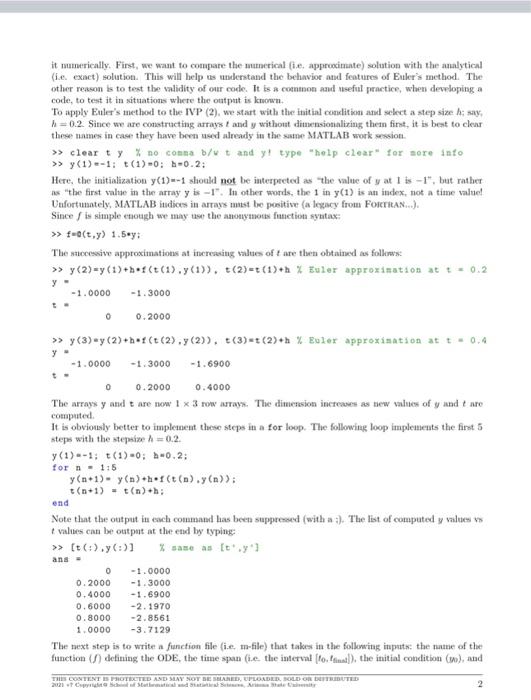 MAT 275 Laboratory 3 Numerical Solutions by Euler and | Chegg.com
