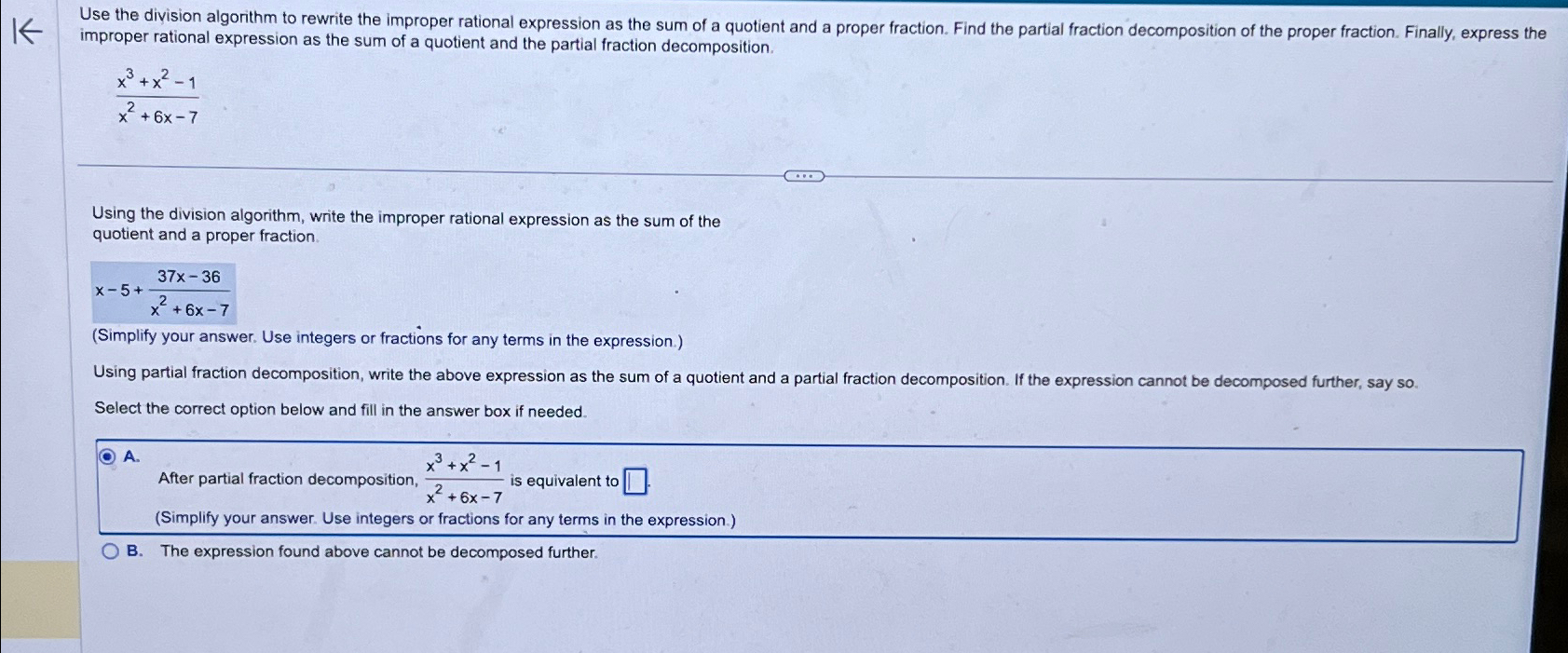 Solved Use the division algorithm to rewrite the improper | Chegg.com