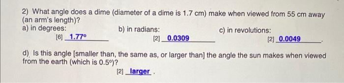 Solved 2) What angle does a dime (diameter of a dime is 1.7 | Chegg.com